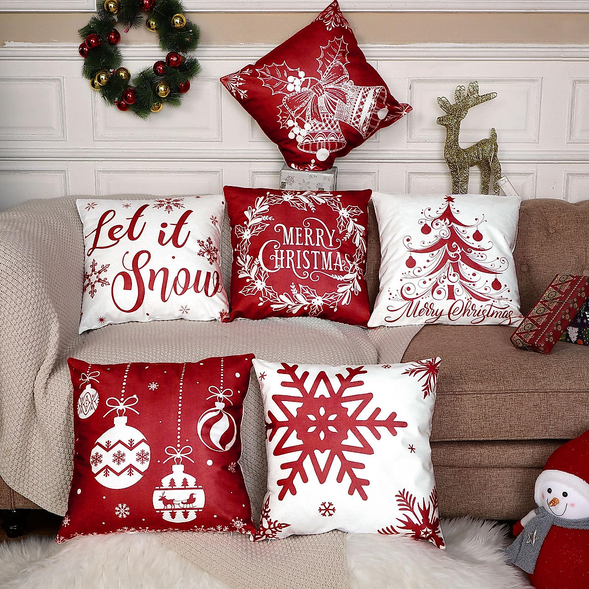 6 Pcs Christmas Pillow Covers Cushion Covers Decoration Christmas Pillow Cover Holiday Decor Throw Pillow Case for Sofa Couch Christmas Office Bedroom Decorations (Warm Style,20 x 20 in)