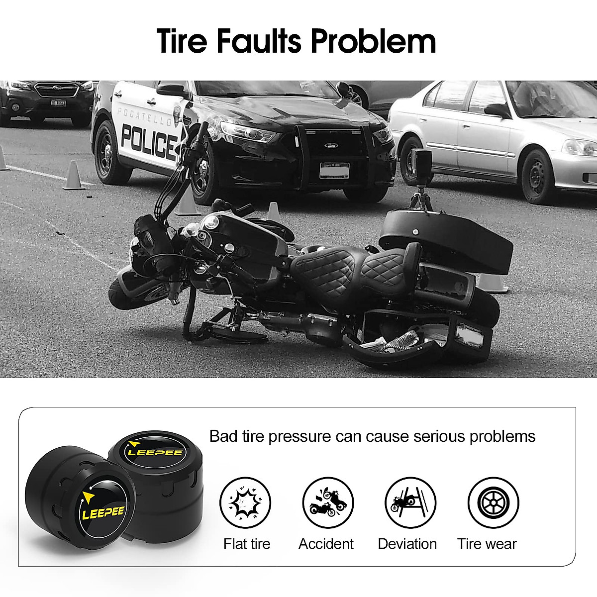 leepee Motorcycle Tire Pressure Monitoring System, Tire Pressure and Temperature Alarm, Wireless Motorcycle TPMS with 2 External Sensors, Support iOS and Android