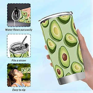 sanluoli Cute Cartoon Avocado Stainless Steel cups with lids reusable with Straw Lid coffee travel mug 20oz for café cute vacuum insulated tumbler with lid 20 OZ