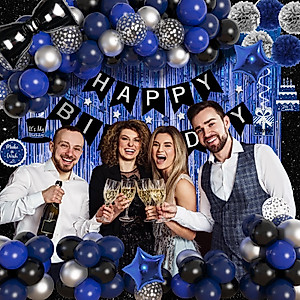 Ouddy Life Blue and Black Birthday Decorations for Men Boys, Navy Blue Black Sliver Confetti Balloon Happy Birthday Banner Fringe Curtain Hanging Swirl Graduation Baby Shower Engagement Party Supplies