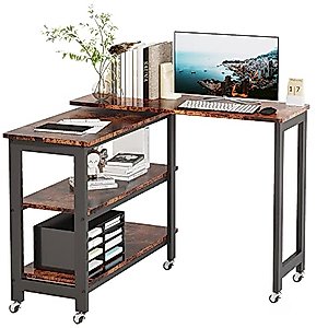 WAYTRIM 360° Free Rotating Sofa Side Table, Mobile End Table with 2 Tier Storage Shelves, Couch Side Table Sturdy Metal Frame with 6 Universal Casters, Laptop Table for Home Office - Rustic Brown