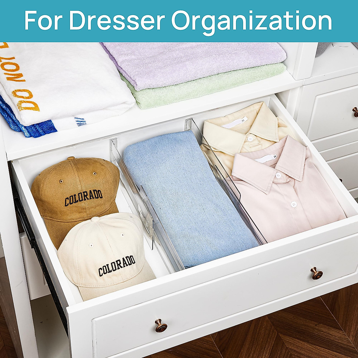 Vtopmart 8 Pack Drawer Dividers for Clothes, Adjustable 4" High Expandable from 10.6"-17" Dresser Drawer Organizer, Clear Plastic Drawer Separators for Baby Clothes, Underwear, socks, Easy to Assemble