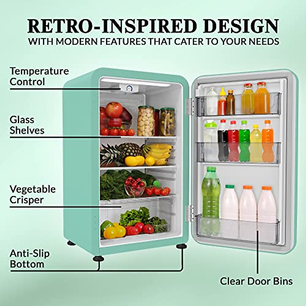 Crosley Retro Mini Fridge 3.2 Cu Ft Mint Green w/o Freezer, Compact Refrigerator for Bedroom, Garage, Office Under Desk, Undercounter, Apartment, School Dorm Fridge, Aesthetic, Small & Cute Appliances