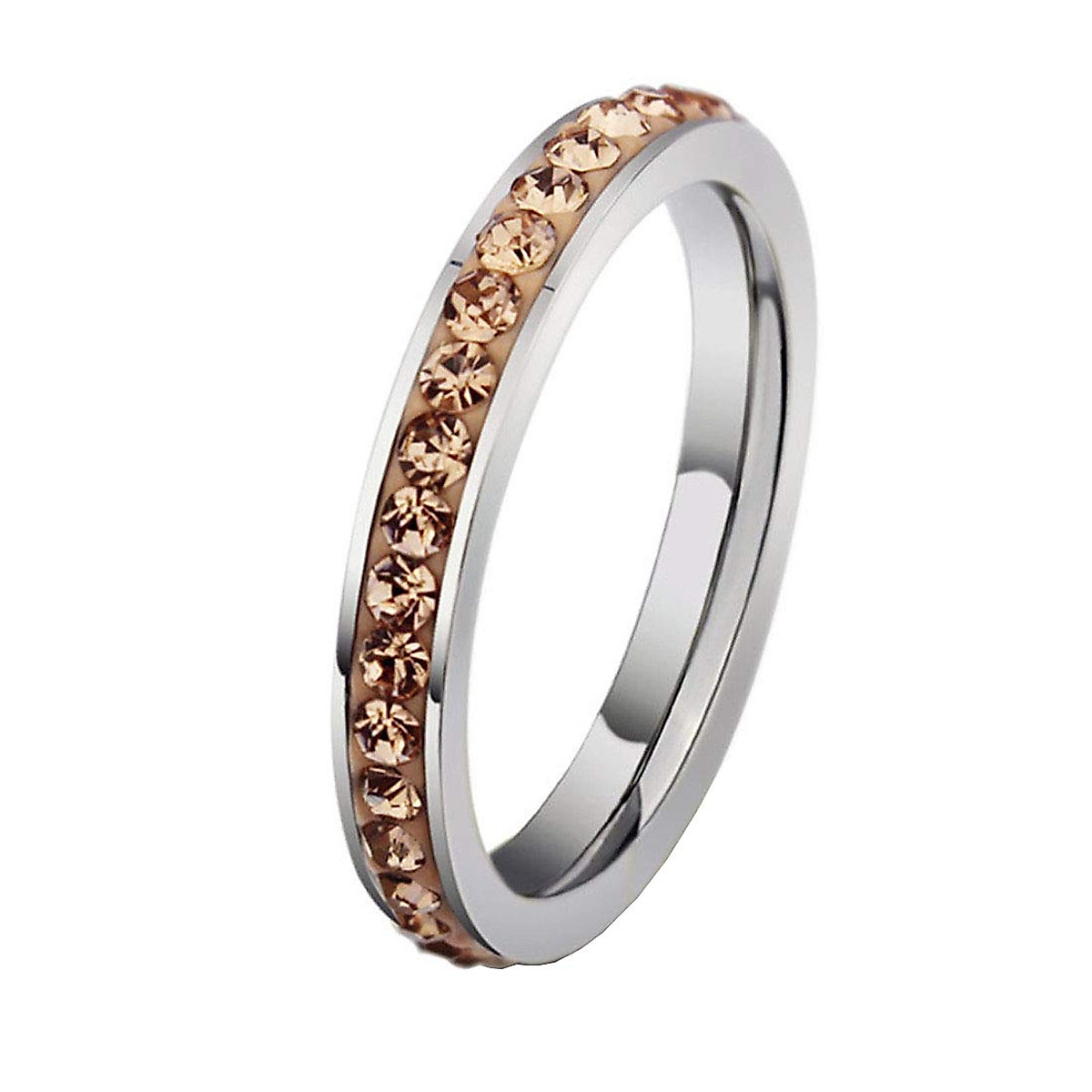 HIJONES Women's Gold Stainless Steel Sparkling Round-Cut Brown Cubic Zirconia All Round Engagement Rings Band Single Row Size 8