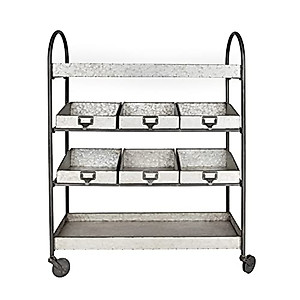 Creative Co-Op Metal 4 Tier Cart on Casters with 2 Open Shelves & 6 Bins,Grey