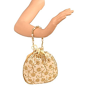 Indtresor beaded handcrafted embroidered evening purse drawstring handbag vintage party wedding gift for women. Golden
