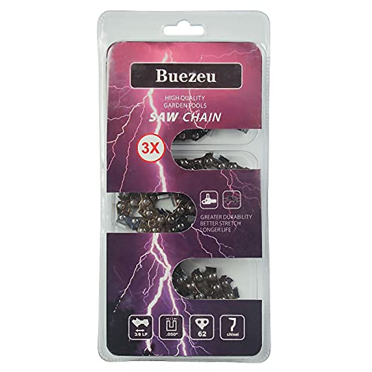 Buezeu (3 Pack) 18 inch chainsaw chain 3/8"LP .050" Gauge, 62 Drive Links for Echo, Poulan, Remington (18-Inch 62DL).