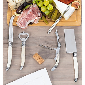 French Home Laguiole Serving Utensils Set of 5 – Kit w/Cleaver, Fork Tipped Spear, Spreader & Barware – Cheese Serving Utensils w/Faux Ivory Handles for Parties