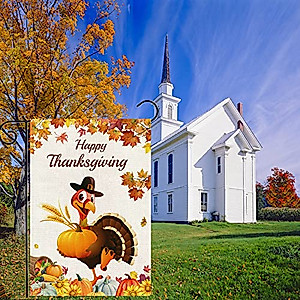 Happy Thanksgiving Garden Flags, Thanksgiving Yard Flag, Pumpkins Maple leaves Fall Flag Harvest Turkey Flags Double Sided Burlap House Decorations for Home 12 x 18 Inch