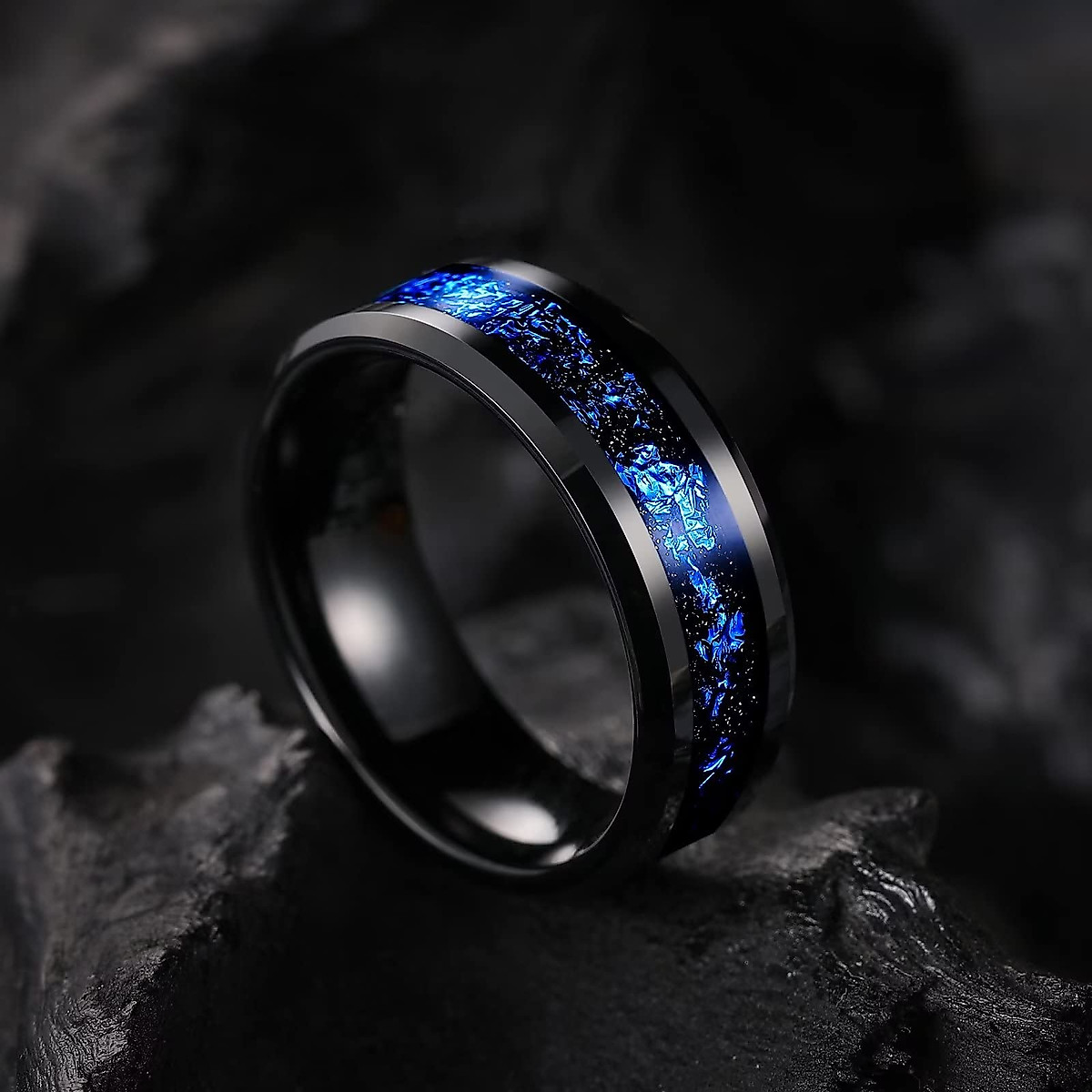 King Will Mens 8mm Black Tungsten Carbide Wedding Ring Blue Foils Inlay Tungsten Ring Beveled Edge Tungsten Ring 10