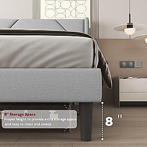 QIAYA Bed Frame Queen Size Upholstered Platform with Fabric Wingback Headboard/12 Solid Wooden Slats, Non-Slip and Noise-Free, No Box Spring Needed, Light Gray