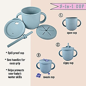 littlesol Baby Led Weaning Supplies - Complete Silicone Baby Feeding Set - Includes Baby Plate, Spoon, Fork, Bib, Bowl, Water & Snack Cup - Food Grade Silicone BPA Free - Dishwasher Safe (Dusty Blue)