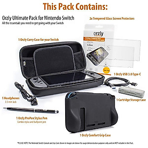Switch Accessories Bundle - Orzly Essentials Pack for Nintendo switch Case & Screen Protector, Grip Case, Games Holder, Headphones - Classic Black Edition