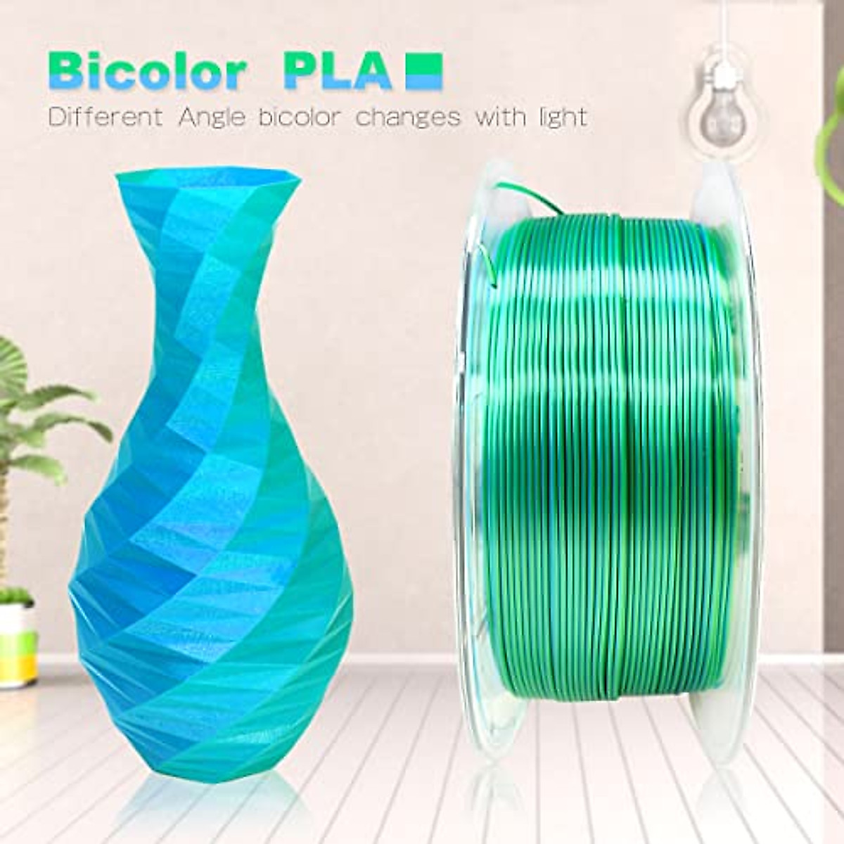 YOUSU Silk PLA Filament 1.75mm, 3D Printer Filament Coextrusion Filament Dual Color, Compatible with Most of 3D Printer, Silk Blue Green 1kg(2.2lbs).