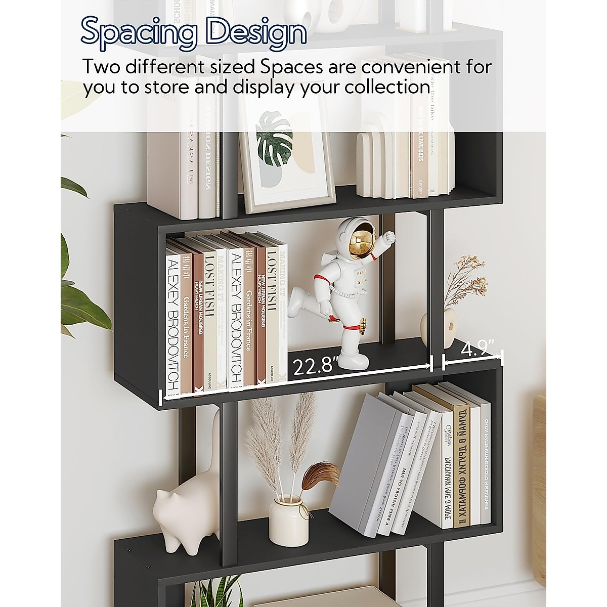 Yusong S Shaped Bookshelf, Modern Geometric Bookcase, 6-Tier Black Display Case Book Shelf