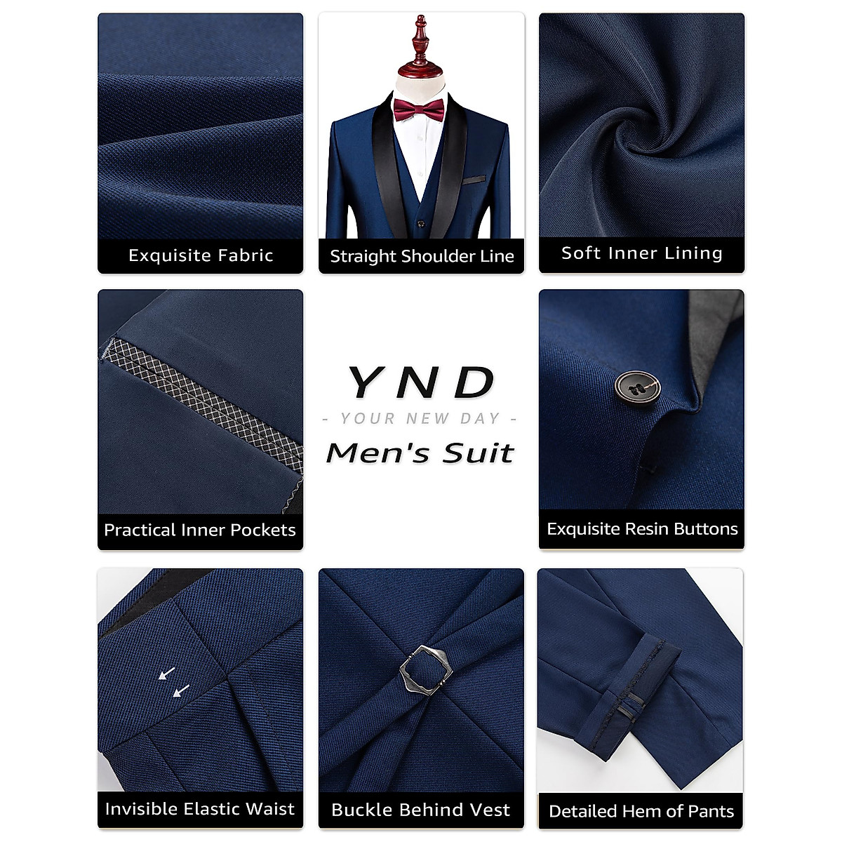 YND Men's 3 Piece Slim Fit Tuxedo Suit Set, One Button Shawl Collar Solid Business Blazer Jacket Vest Pants with Bow Tie, Maroon Collar Black