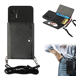 Shinyzone Lanyard Phone Case for Moto G Stylus 2021,Crossbody Wallet Case with Strap for Women,PU Leather Flip Cover with Credit Card Holder Silicone Gel Soft Back Case,Black