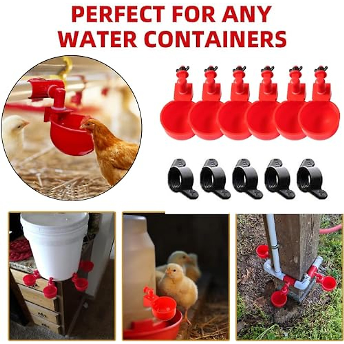No Waste Chicken Feeder and Waterer,with Rat Stopper Caps,6 Ports 6 Chicken Water Cups and Hole Saw,DIY Poultry Feeder Port Gravity Automatic Fed Kit for Buckets,Barrels,Bins,Troughs
