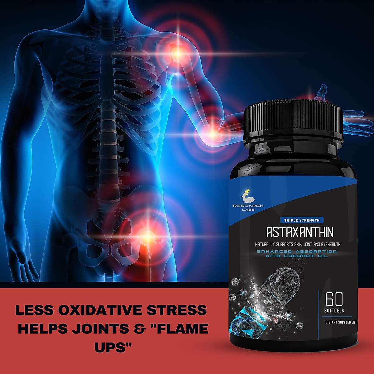 Research Labs Triple Strength Natural Astaxanthin 12mg Softgels + Extra Bottle Organic Coconut Oil for Enhanced Absorption Powerful Antioxidant Supports Eye Joint & Heart Health 120 Total Softgels