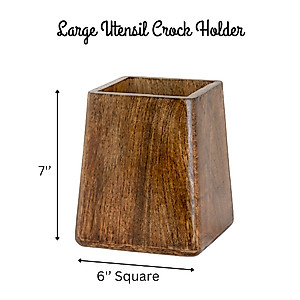 Mie Creations Rustic 7'' Large Utensil Holder Crock for Kitchen Countertop | Thanksgiving Christmas Utensils Crock, Wooden Square Spatula Organizer Caddy for Party, Cooking Counter Decor- Dark Brown