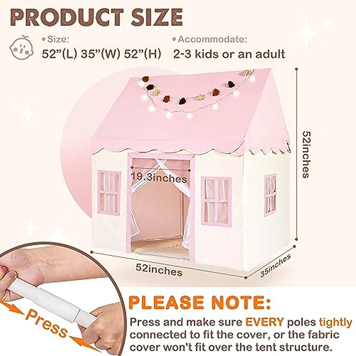 Large Kids Play Tent with Windows, Tassels, Star Light & Padded Mat Kids Tent Playhouse for Kids Indoor & Outdoor Bed Tent for Toddler Toys for Boys Girls Neutral Play Room Furniture, Pink