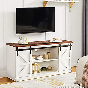 oneinmil Farmhouse TV Stand for 65 Inch TVs, Modern Rustic Entertainment Center with Sliding Barn Door and Storage Cabinets, Metal Media TV Console with Shelf for Living Room, 58 Inch,White