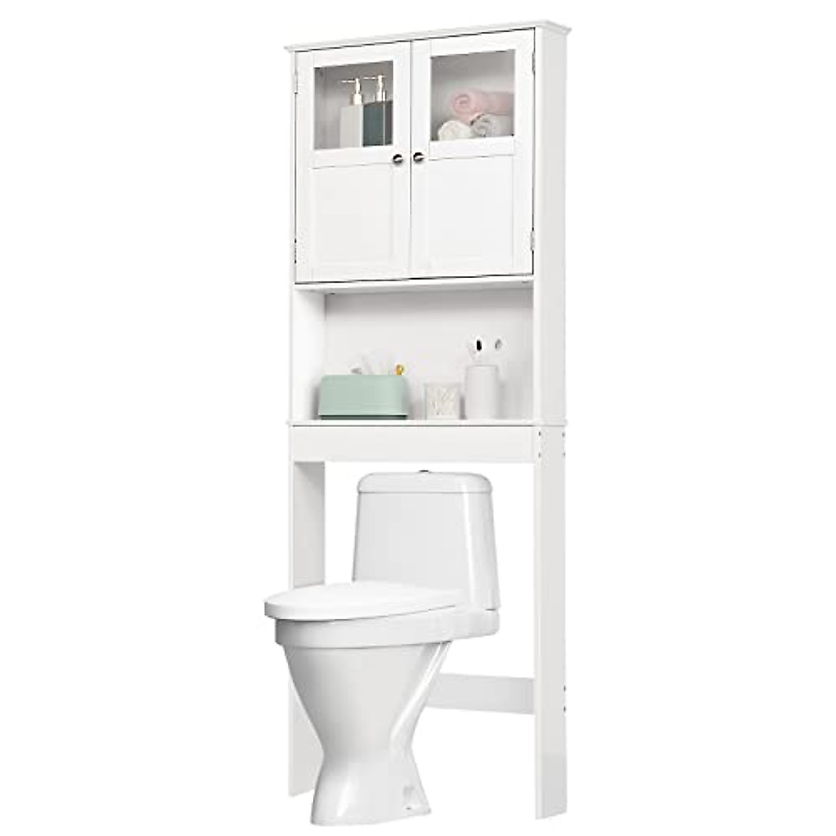Bonnlo Over Toilet Storage, Bathroom Space Saver with Double Door Glass Window Cabinet Tower with Adjustable Shelf (White)