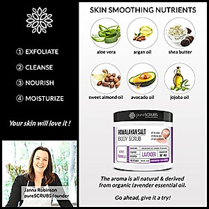 pureSCRUBS Premium Pink Himalayan Salt Body Scrub Set - Large 16oz LAVENDER SCRUB, Organic Essential Oils & Nutrients INCLUDES Wooden Stirring Spoon, Loofah & Mini Exfoliating Bar Soap