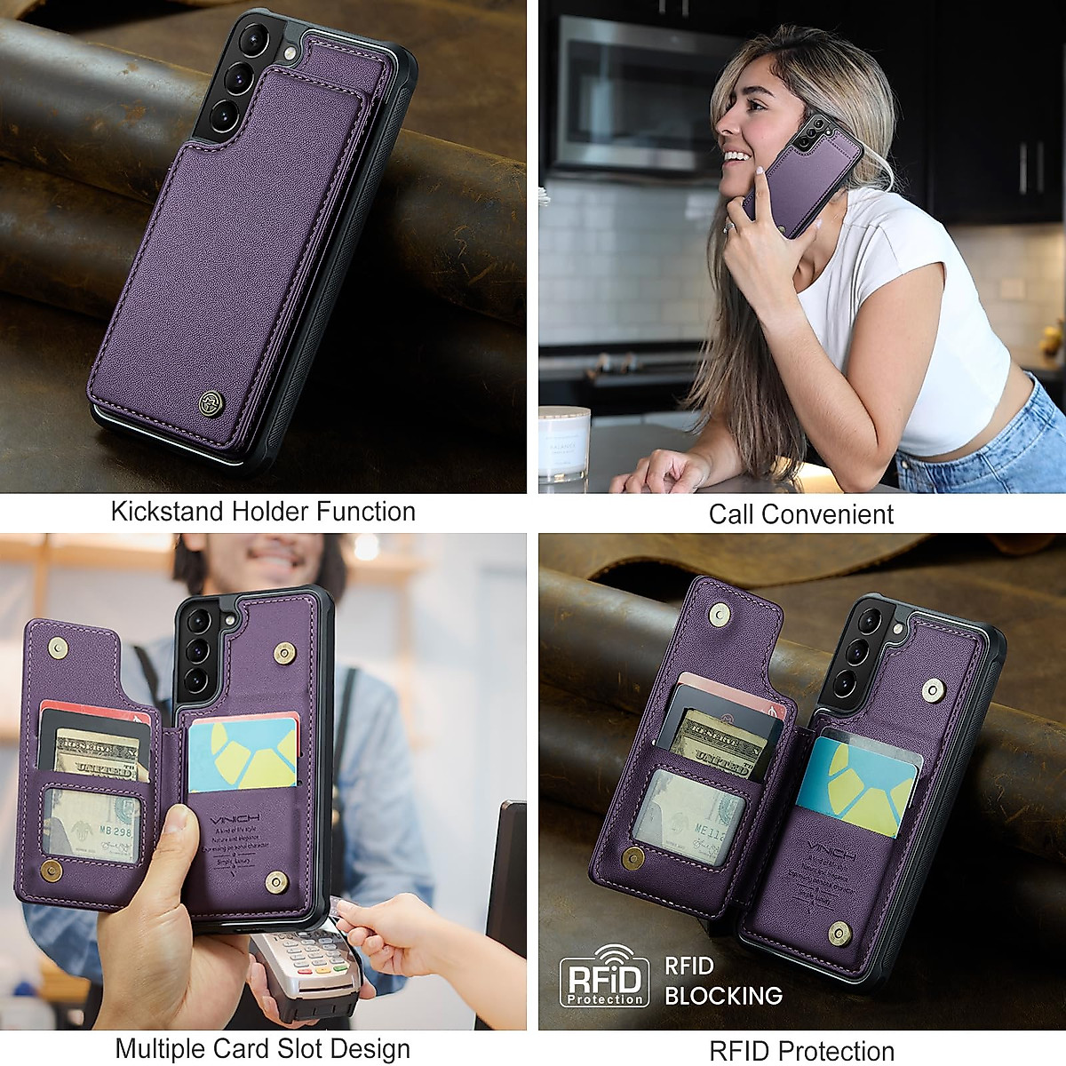 Vinich for Samsung Galaxy S21 Case with Card Holder, for Samsung S21 Wallet Case for Women Men with RFID Blocking, Durable Kickstand Shockproof Phone Case for Galaxy S21 5G, Purple