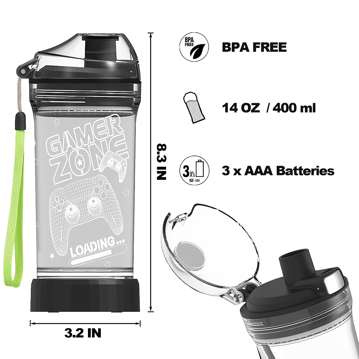 YuanDian Gamer Zone Water Bottle for Boys, Controller 7 Color Lights 3D Light up Drinking Cups Gifts for Gamers Men, BPA Free & Leak Proof Flip Top Lid & Easy Clean & Carry Handle, 14oz/ 400ml