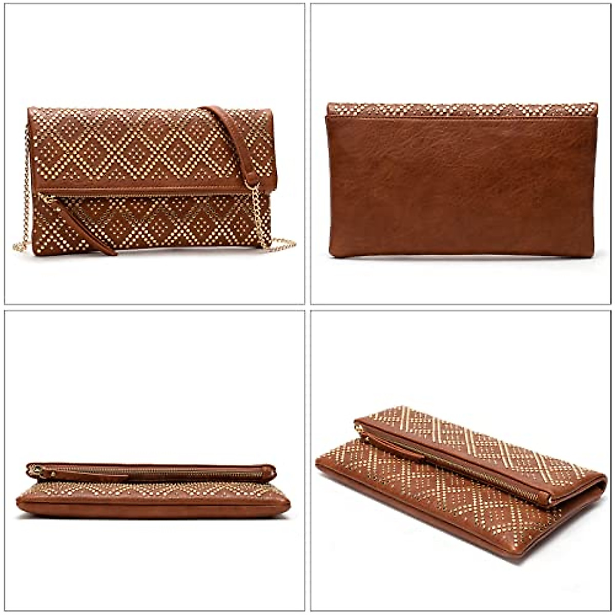 NOL Natural Organic Lifestyle Women Crossbody Bag Shoulder Handbag Evening Clutch Purse with Studs Chaine Strap (Brown)