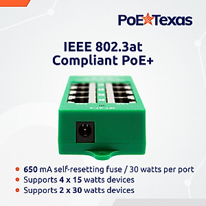 PoE Texas 4 Port PoE/PoE+ Injector with 56V 60W Power Supply - Gigabit Injector - Active Mode A Power Over Ethernet Multi Port PoE Adapter - Supports 4 PoE (802.3af or at) up to 60 watts