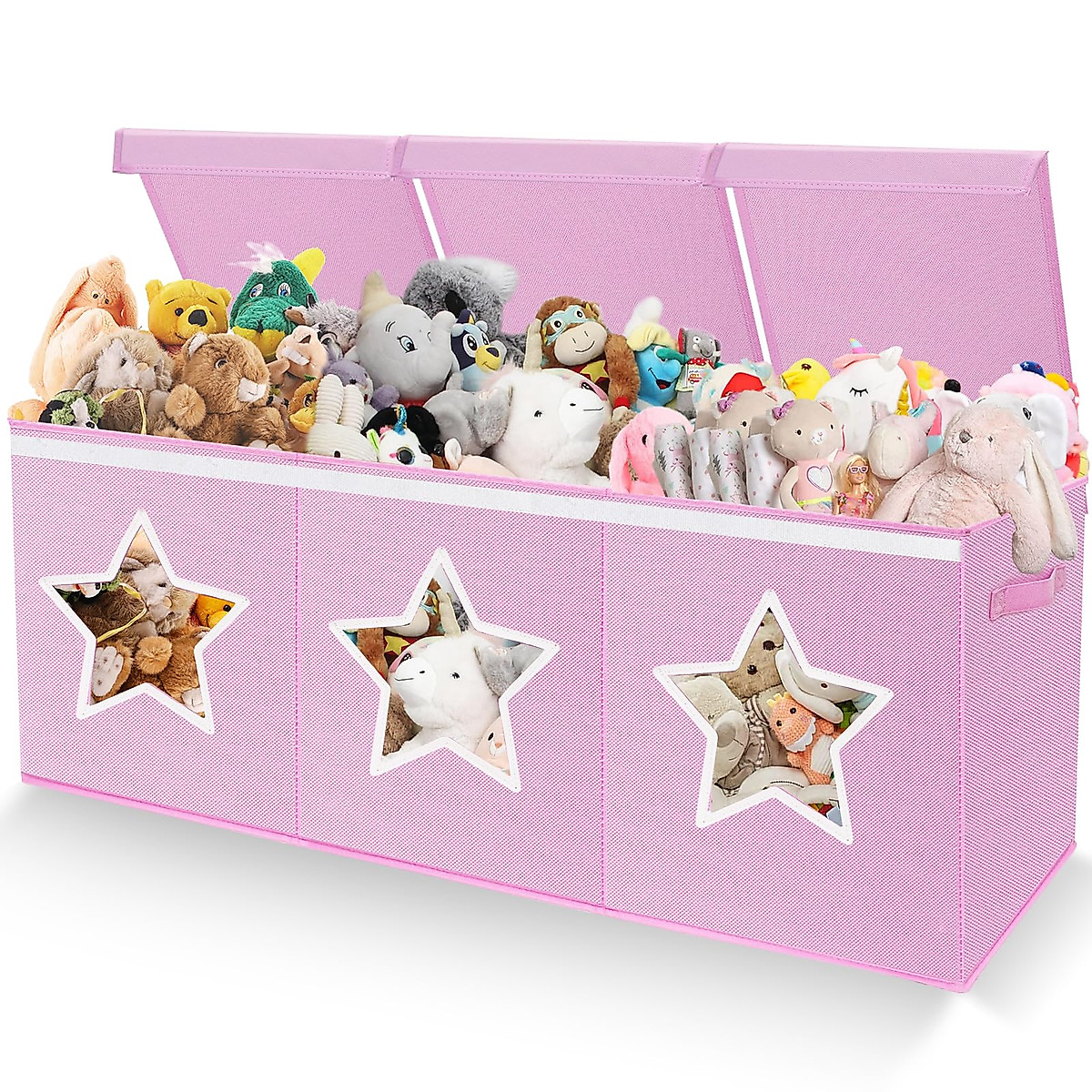 Xmasorme Extra Large Toy Box Chest, Toy Storage Organizer Bins with Transparent Windows, Foldable Storage Box for Kids,Boys,Girls,Toddler,Nursery Room,Playroom(Light Pink Star)