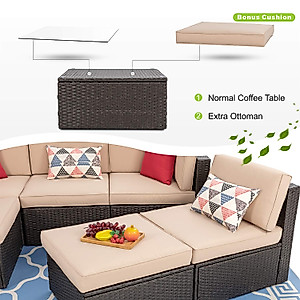 Vongrasig 6 Piece Small Patio Furniture Sets, All Weather PE Wicker Rattan Outdoor Sectional Sofa Conversation Couch with Glass Table, Cushions and Red Pillows, for Lawn, Garden, Backyard (Beige)