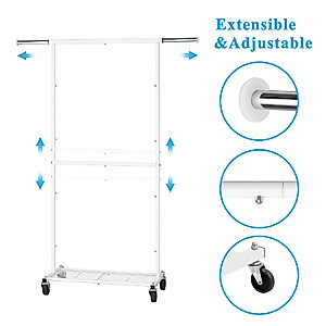 Simple Trending Standard Clothing Garment Rack, Rolling Clothes Organizer with Wheels and Bottom Shelves, Extendable, White