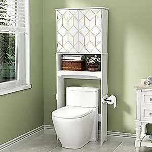 AZODY Over The Toilet Storage Cabinet with Gold Trim, Modern Bathroom Organizer Over Toilet with Adjustable Shelves and Toilet Paper Holder for Bathroom, White