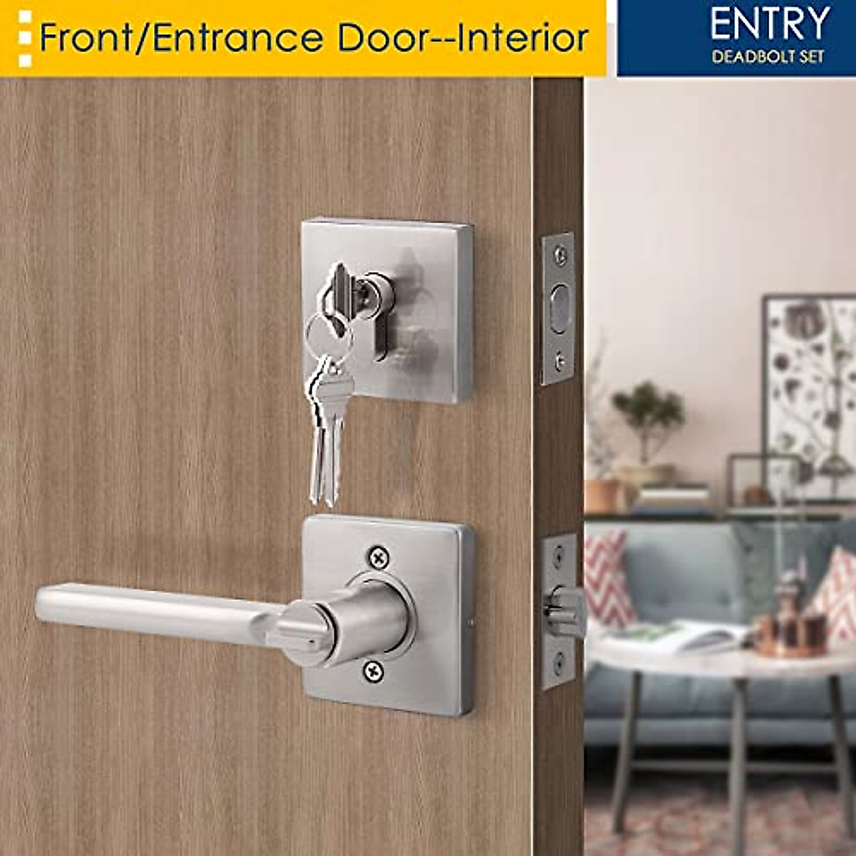 Brotima 5 Pack Square Heavy Duty Keyed Alike Front Door Entry Lever Lockset and Double Cylinder Deadbolt Combination Set with Same Key, Satin Nickel Finish, Reversible for Right/Left Hand
