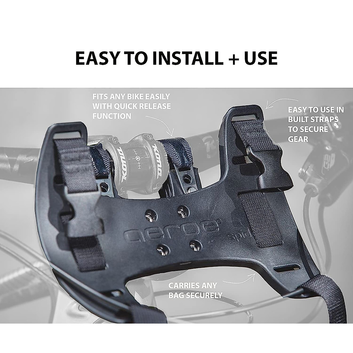 AEROE Spider Handlebar Cradle Bike Bag Carrier, Front Bike Rack Fits all Mountain, Gravel, Road and Electric Bikes, Easy to Install and Use, Carry any type of Front Roll Dry Bag, Bag, Tent up to 11lbs