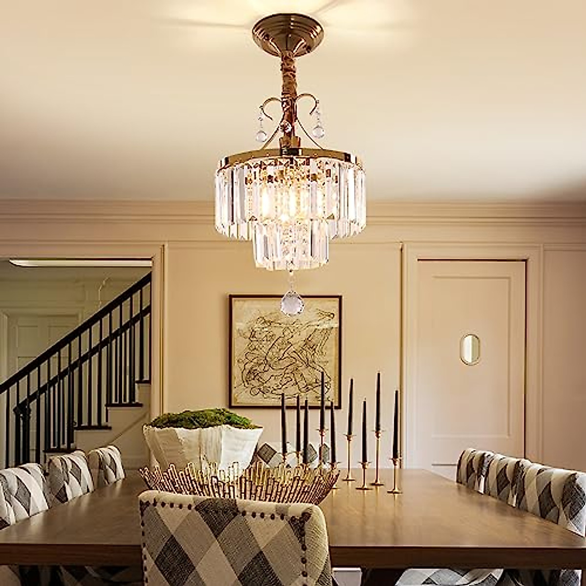 Zenouidle Modern Crystal Chandelier Crystal Pendant Light Fixture 2-Tier Round Flush Mount Ceiling Light for Dining Room Bedrooms Living Room Entryway,Gold(E26 Base)