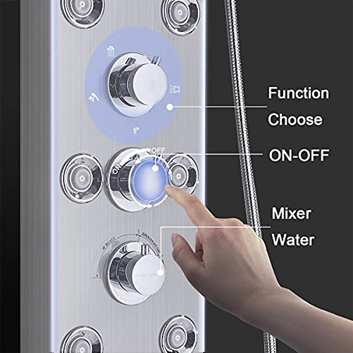 FUZ Contemporary Shower Panel Tower System Stainless Steel 6-Function Faucet LED Rainfall Waterfall Shower Head + Handheld Sprayer + Rain Massage Body Jets + Tub Spout,Brushed Nickel