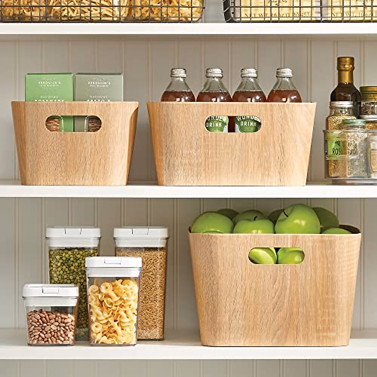 mDesign Wood Grain Paperboard Food Storage Container Bin Basket with Handles for Pantry - Organization Containers for Assorted Fruit, Vegetable, and Produce - 6 Pack - Natural/Tan
