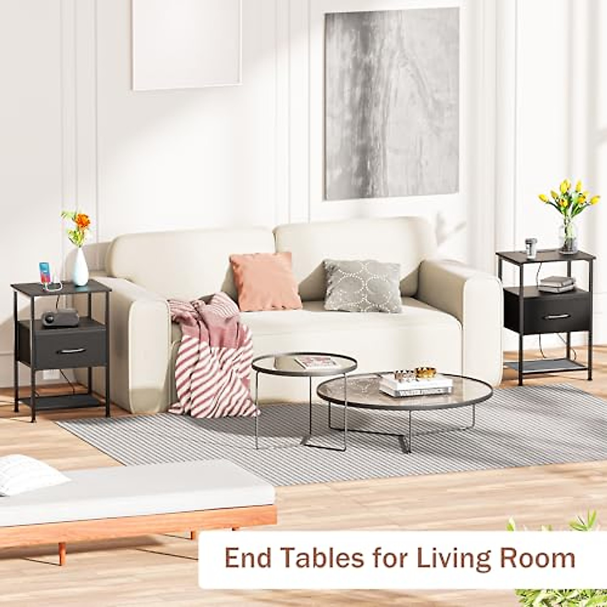 LAKEMID Nightstands Set of 2 with Charging Station and Drawer, End Table Bedside Table with 20 Colors LED Light Strip and 2 Layers Shelf for Bedroom Living Room Sofa Couch (Black)