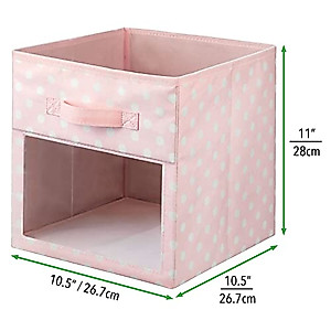 mDesign Fabric Nursery/Playroom Closet Storage Organizer Bin Box, Front Handle/Window for Cube Furniture Shelving Unit, Hold Toys, Clothes, Diapers, Bibs, 4 Pack, Pink/White Polka Dot