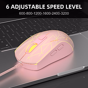 MageGee G6 Wired Gaming Mouse, Ergonomic USB Optical Mouse with 7 Colors Breathing LED Backlit, 6 Adjustable Speed Levels from 600 to 3200 for Laptop PC Computer Games & Work, Pink