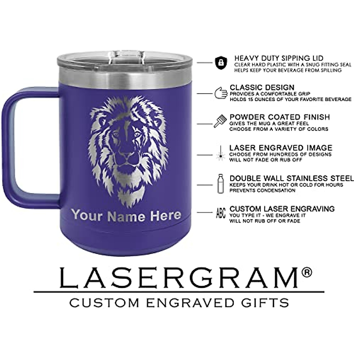 LaserGram 15oz Vacuum Insulated Coffee Mug, Giraffe, Personalized Engraving Included (Dark Purple)