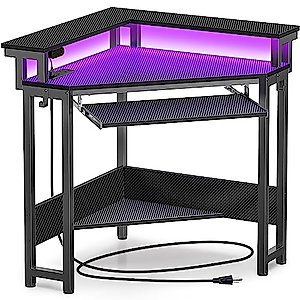 Rolanstar Corner Desk, 44.5" W x 34.5" H Small Carbon Fiber Computer Desk with Power Outlets, LED Lights and Keyboard Tray, Small Office Computer Desk with Monitor Stand for Small Space, Carbon Black