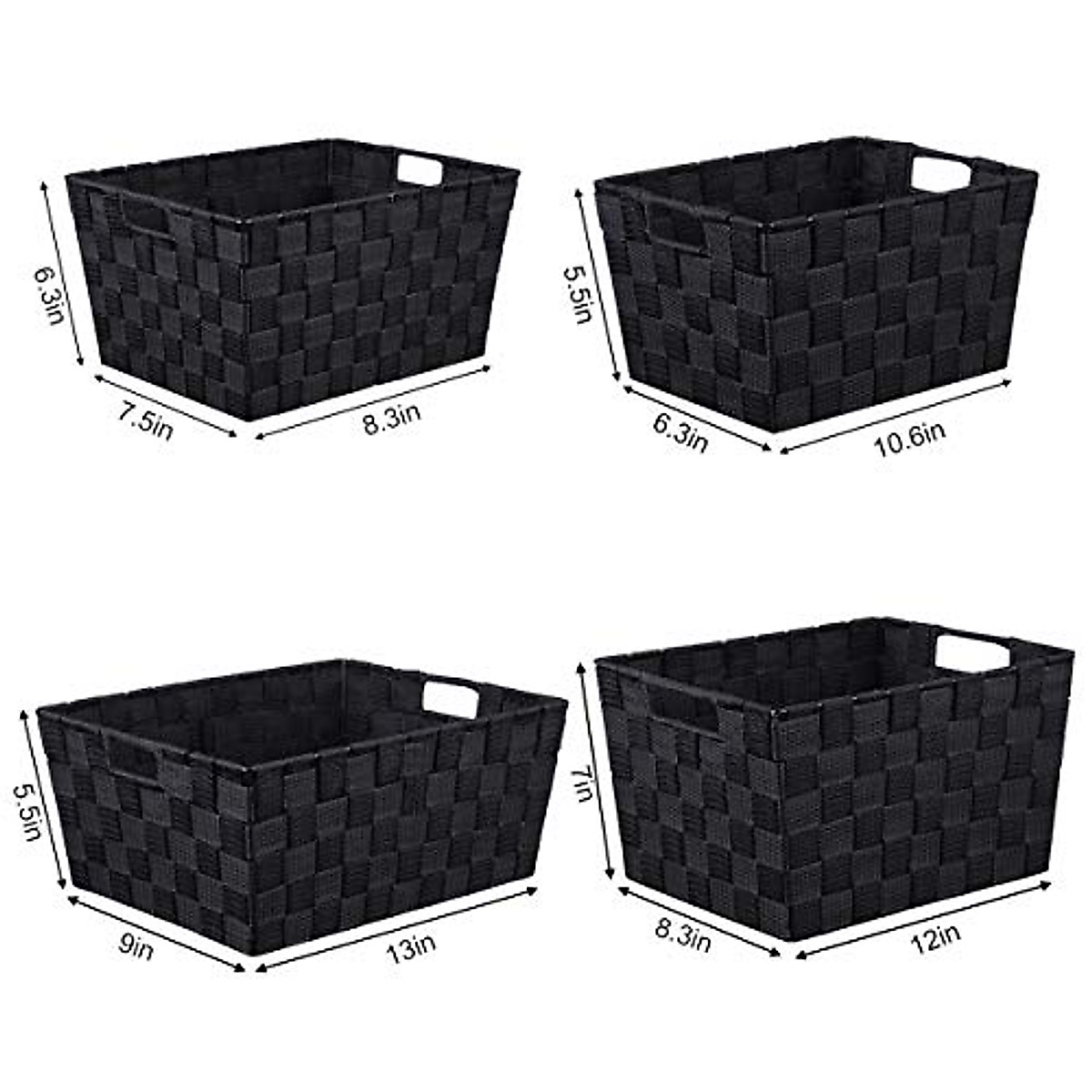 LEAVINSKY Woven Storage Box, Woven Strap Storage Basket Bin Container, Stackable Storage Basket, Woven Strap Shelf Organizer, Nylon Storage Basket for Closet, Office, 4 Pack, Black