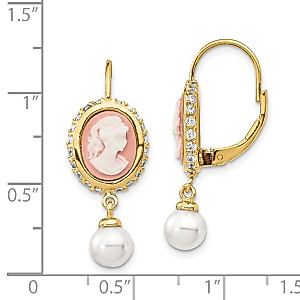 925 Sterling Silver Gold Simulated Pearl Cubic Zirconia CZ Cameo Drop Dangle Earrings