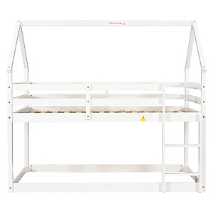 MERITLINE Bunk Bed Twin Over Twin for Kids, Wooden Tree House Bunk Beds with Ladder and Safety Guardrail, Floor Bunk Bed for Toddlers/Girls/Boys, White