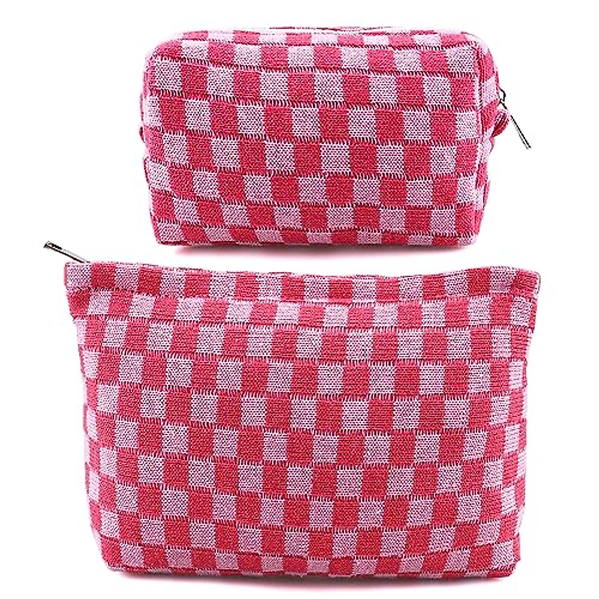 Wowang 2pcs Cute Makeup Bag Checkered Cosmetic Bag Makeup Pouch Travel Toiletry Bag for Women Aesthetic Accessories Makeup Brushes Storage Bag Organizer (Pink)
